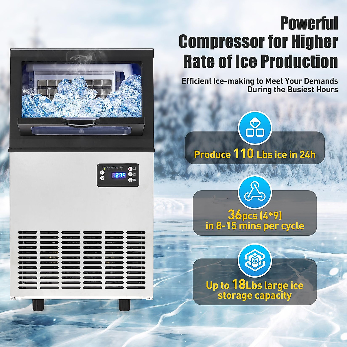 Commercial Ice Maker Machine, 110 LBS/24H Ice Machine with 18Lbs Storage Capacity, Scoops Included, Under Counter Ice Maker Machine for Home, Restaurant, Coffee, Bar