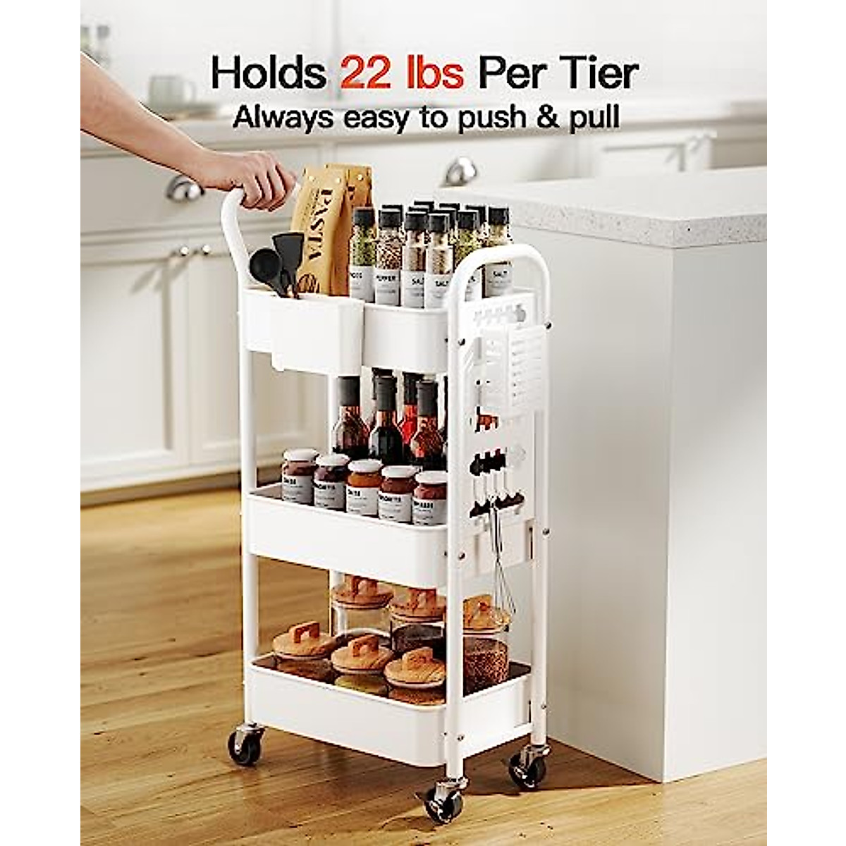 Pipishell 3-Tier Rolling Cart, Metal Utility Cart with Pegboard, Lockable Wheels & U-Shaped Handle, Storage Cart with 2 Hanging Cups & 4 Hooks for Living Room, Bedroom, Kitchen, Office (White)