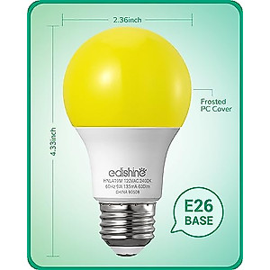 EDISHINE A19 Yellow Light Bulb, 9W(60W Equivalent), 600LM, 2400K Amber Glow Outdoor Bug Light Bulbs, Non-Dimmable, E26 Medium Base, UL Listed, 8 Pack