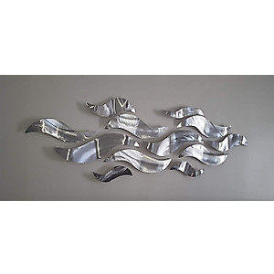 PDTXCLS Aeiniwer WUMONI Silver Surf Modern Abstract Large Metal Wall Art Sculpture Metal Panels Blue Silver Painting Decor