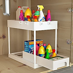 Under Sink Organizers and Storage,2 Tier Under Bathroom Storage Rack with 4 Hooks,Multi-purpose Storage Shelf for Bathroom Kitchen(White)