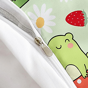 AILONEN Cute Frog Kids Duvet Cover Set, 3 Pieces Queen Size Frog Bedding Set,Cute Frog Strawberry Pattern Comforter Cover Set, 1 Quilt Cover and 2 Pillowcases