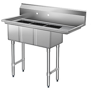 HARDURA Stainless Steel Kitchen Sink With 3 Compartments, Commercial Sink Right Drainboard Freestanding NSF Certified Utility Basin 10" L X 14" W X 10" D Bowl For Kitchen & Restaurant, Laundry Room
