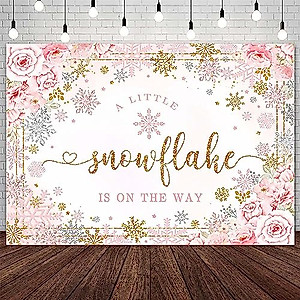 AIBIIN 7x5ft Winter Baby Shower Backdrop for Girls A Little Snowflake is on The Way Baby Shower Photography Background Pink Floral Gold Snowflake Baby Shower Party Decorations Supplies Banner