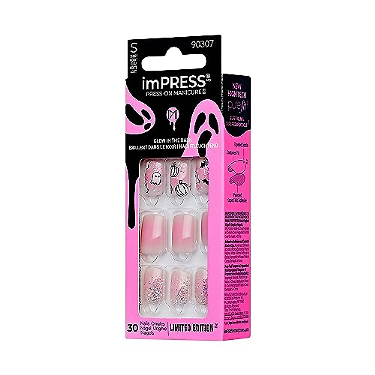 KISS imPRESS Press-On Manicure Halloween, Pink, Short Length, Square Shape, PureFit Technology, Chip Proof, Smudge Proof, Waterproof, Prep Pad, Mini Nail File, Manicure Stick & 30 Fake Nails