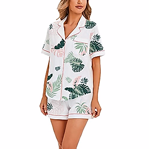 LUBOT 100% Cotton Women's Pajamas Set Short Sleeve Button-Down Shirt PJ Two-piece Set Printed Patterned Summer Night Suit Sleepwear Loungewear (Leaves, M)