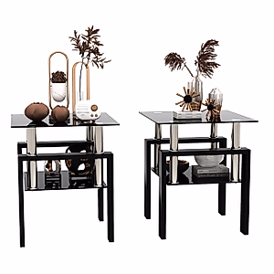 HESIEU Modern Tempered Glass End Table Set of 2 Side Table Made of Tempered Glass and Metal Legs Nightstand Sofa Side Table Suitable for Living Room, Bedroom Dining Room (Black)