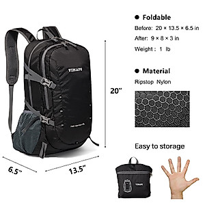 vimapo Packable Lightweight Backpack 40L, Ripstop Nylon Foldable Traveling Daypack, Collapsible Hiking Backpack For Outdoor(Black)