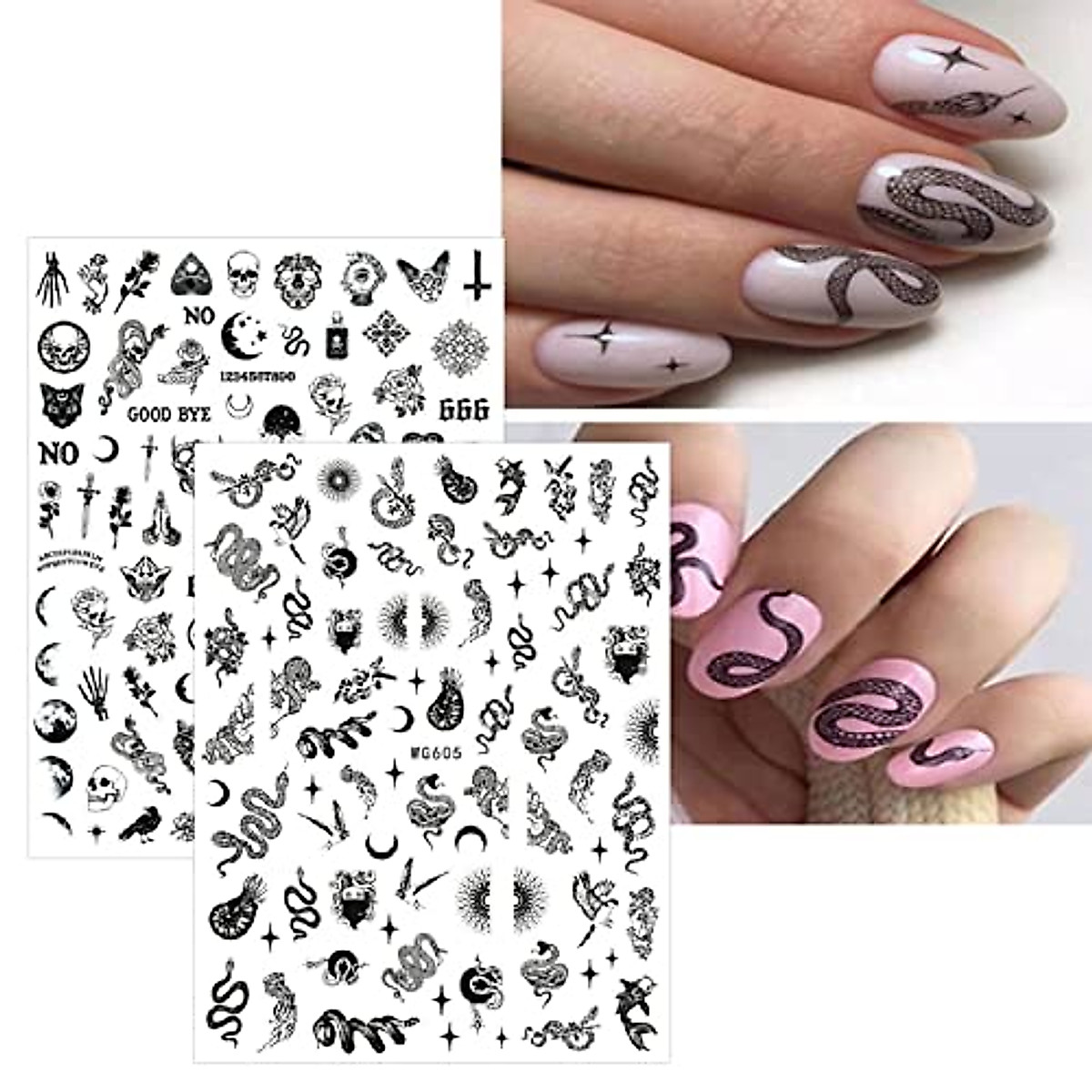 JMEOWIO 8 Sheets Halloween Goth Nail Art Stickers Decals Self-Adhesive Pegatinas Uñas Snake Horror Nail Supplies Nail Art Design Decoration Accessories