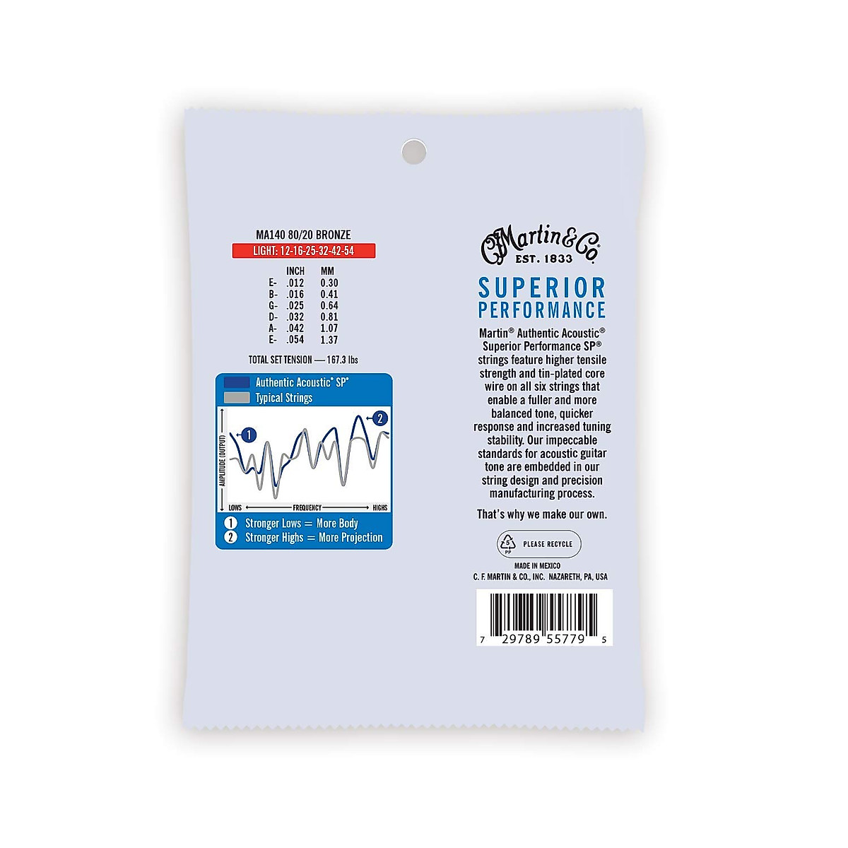 Martin Authentic Acoustic Guitar Strings, Superior Performance Light 12-54, 80/20 Bronze