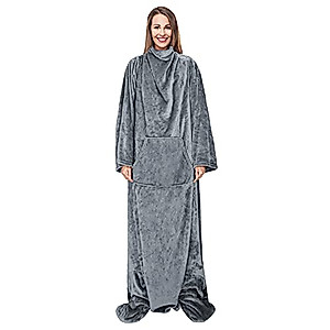 Wearable Fleece Blanket with Sleeves and Foot Pocket for Adult Women Men, Super Soft Cozy Microplush TV Blanket Throw Wrap Cover for Lounge Couch Reading Watching TV