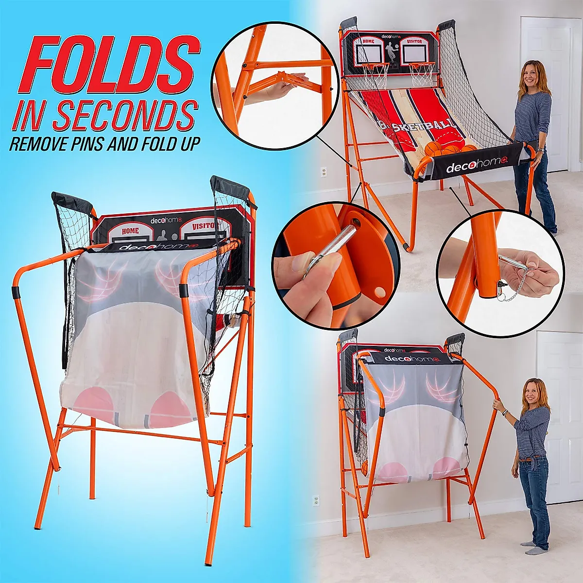 Deco Home Arcade Basketball Game with Dual Rim Backboard, Includes Electronic Tracking LED Scoreboard with 8 Game Modes for 1-4 Players, 5 Game Balls, Air Pump, Folding Assembly for Easy Storage