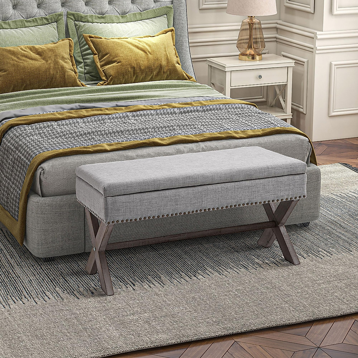 HOMCOM 35.75" Storage Ottoman, Upholstered Storage Bench with Hidden Space, Nailhead Trim and X-Shaped Wood Legs, for Living Room, Entryway, Bedroom, Grey