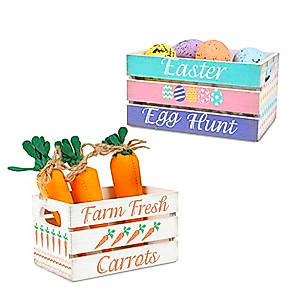 Easter Wooden Storage Crates Spring Mini Crate Decorations Easter Tiered Tray Decor Rustic Farmhouse Wood Box with Decorative Eggs Carrots for Easter Spring Home Decor Table Centerpiece