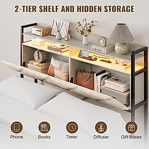 OtterOasis Headboard Queen Size with 2-Tier Open Space and Pull-Out Hidden Storage, Upholstered Headboard with Charging Station, Height Adjustable Sturdy Queen Bed Head Only, Easy Assembly, Ivory