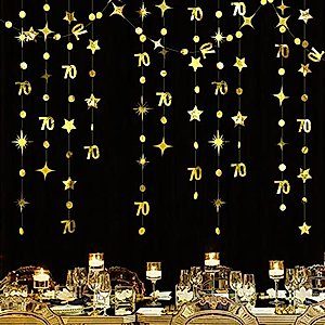 Gold 70th Birthday Decorations Number 70 Circle Dot Twinkle Star Garland Metallic Hanging Streamer Bunting Banner Backdrop for Women Mens 70 Year Old Birthday Seventieth Anniversary Party Supplies