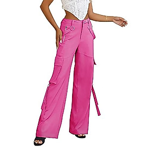 YYIDATON Women Cargo Pants Baggy Elastic High Waisted Casual Wide Leg Pants Y2K Trousers with Pockets(Hot Pink, Large)