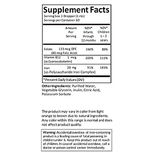 Kiddivit Baby Iron Liquid Drops with Vitamin B12 & Folate - 60 Daily Servings, 2 Fl Oz (60 mL) - Inulin Fortified (Prebiotic, Dietary Fiber) - Sugar Free, Gluten Free, Vegetarian Friendly