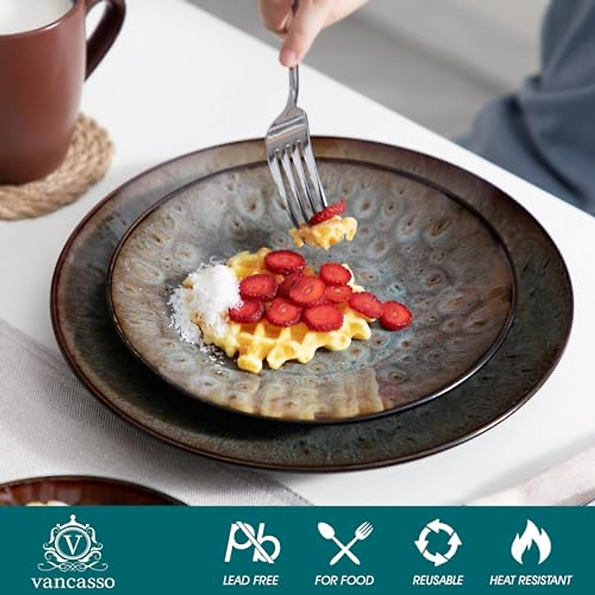 vancasso Bubble Dinnerware Sets 16-Piece - Plates and Bowls Set for 4 Dish Service Tableware Set, Microwave and Dishwasher Safe, Brown