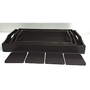 XL Wood Serving Tray Nested Set Of 3 w/4 Wood Coasters Wooden Coffee Table Food Eating on Bed Ottoman Tray Living Room Trays Decorative Storage Serving Butler Smoke Herb Rolling Nightstand Cheese Tray