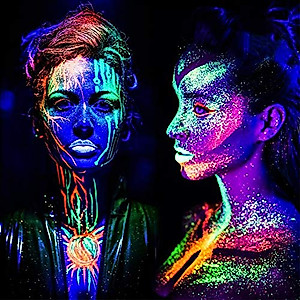 Kalolary Glow in the Dark Makeup, Neon Eyeshadow Glow Palette UV Glow Blacklight Matte and Glitter, 24 Colors Highly Pigmented Eyeshadow Kit with 4 Brushes for Valentine's Day Face Body Makeup