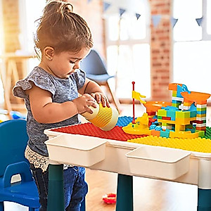 Sandinrayli 7-in-1 Kid Activity Table Set w/2 Chairs & 72Pcs Large Size Blocks, Compatible with Classic Blocks, Water/Sand Table, Building Block Table for Toddler (Primary)