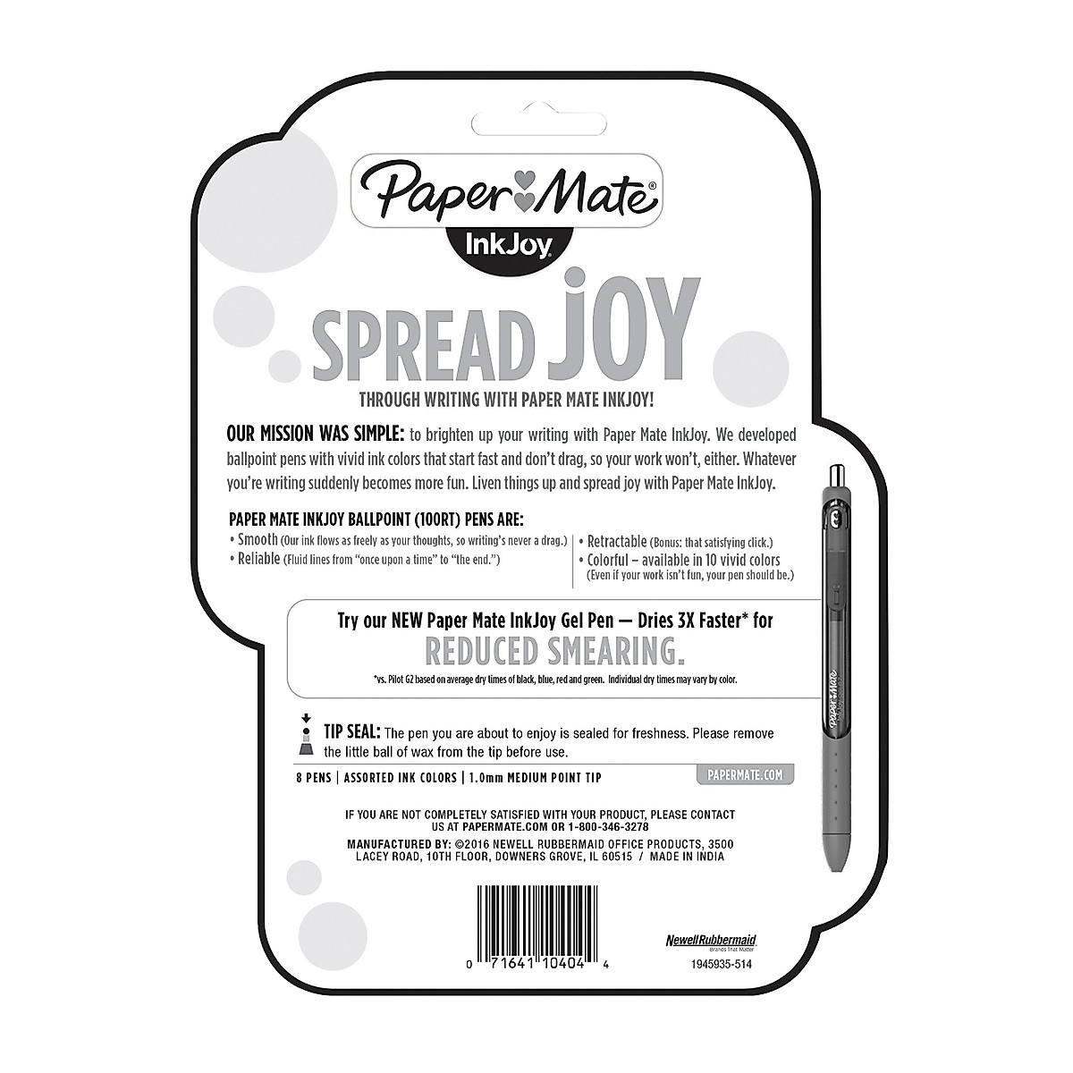 Paper Mate InkJoy 100RT Retractable Ballpoint Pens, Medium Point, Assorted Ink, 8 Pack (1945935)