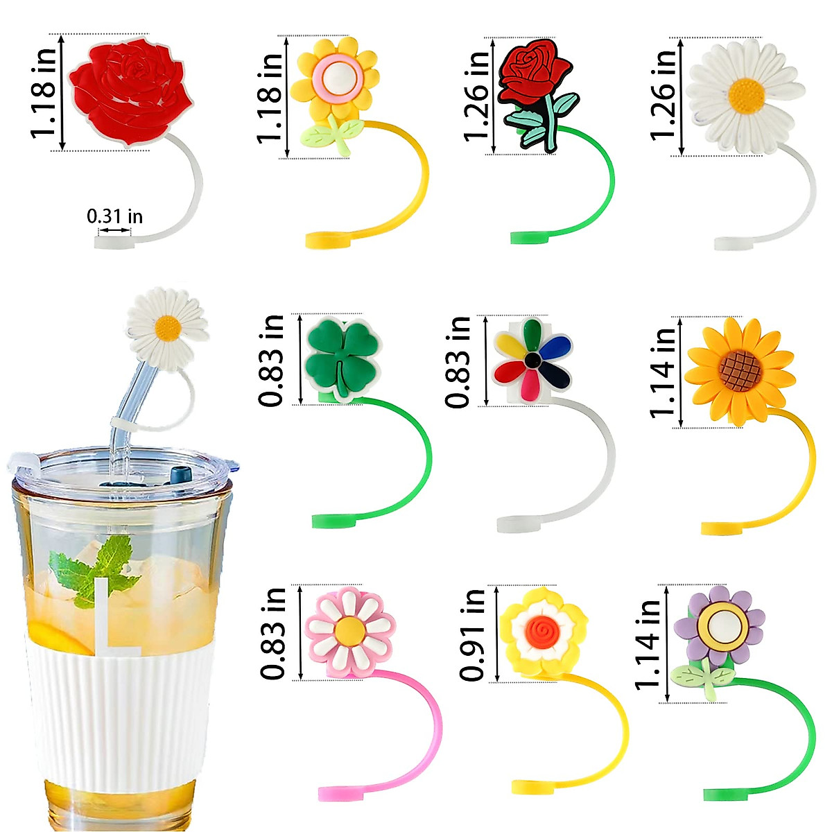 SAMOKA Silicone Straw Cover,10 PCS Straw Tip Cap Reusable Drinking Straw Toppers,Silicone Straw Plugs Reusable Flower Shape Straw Protector