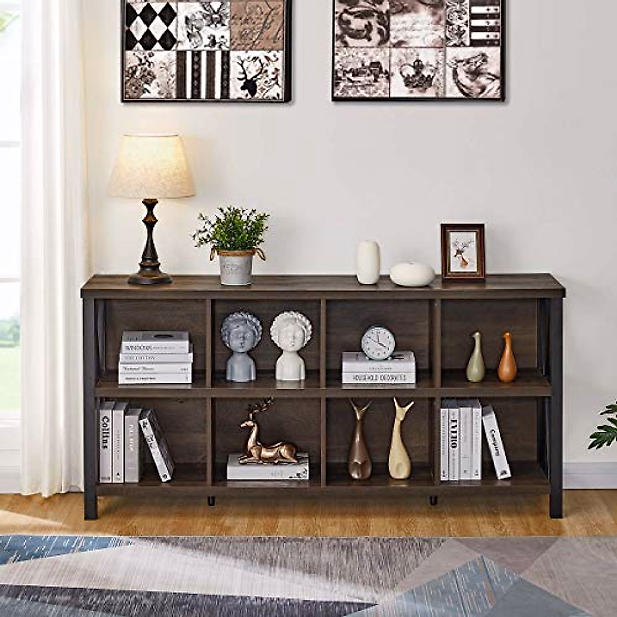 FATORRI 8 Cube Storage Organizer Bookshelf, Rustic Wood Cubby Bookcase, Industrial Horizontal Long Shelf for Living Room (Walnut Brown, 62 Inch)