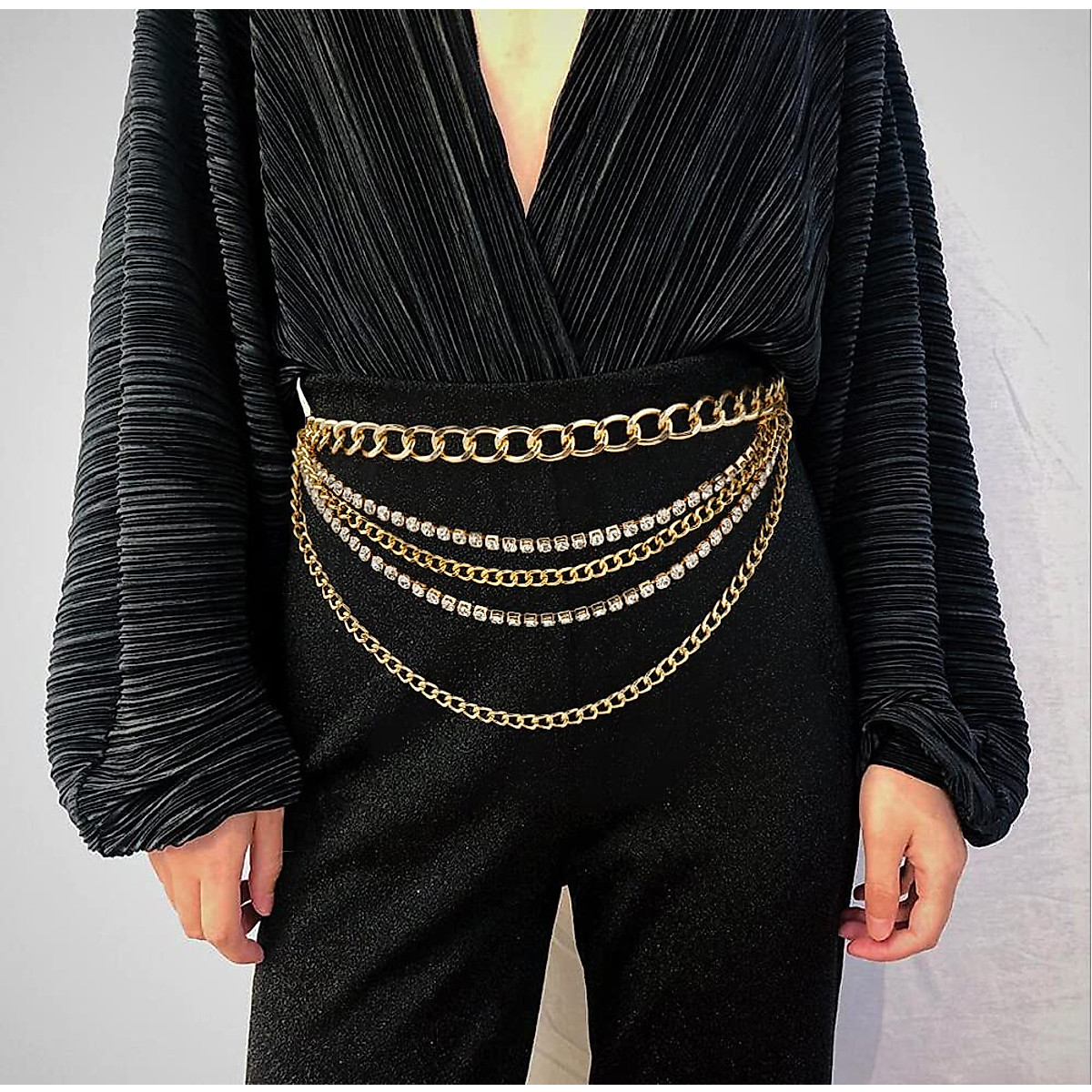 Glamorstar Multilayer Chain Belts for Women Rhinestone Waist Belt Punk Gorgeous Chain for Ladies Dresses Gold 130CM