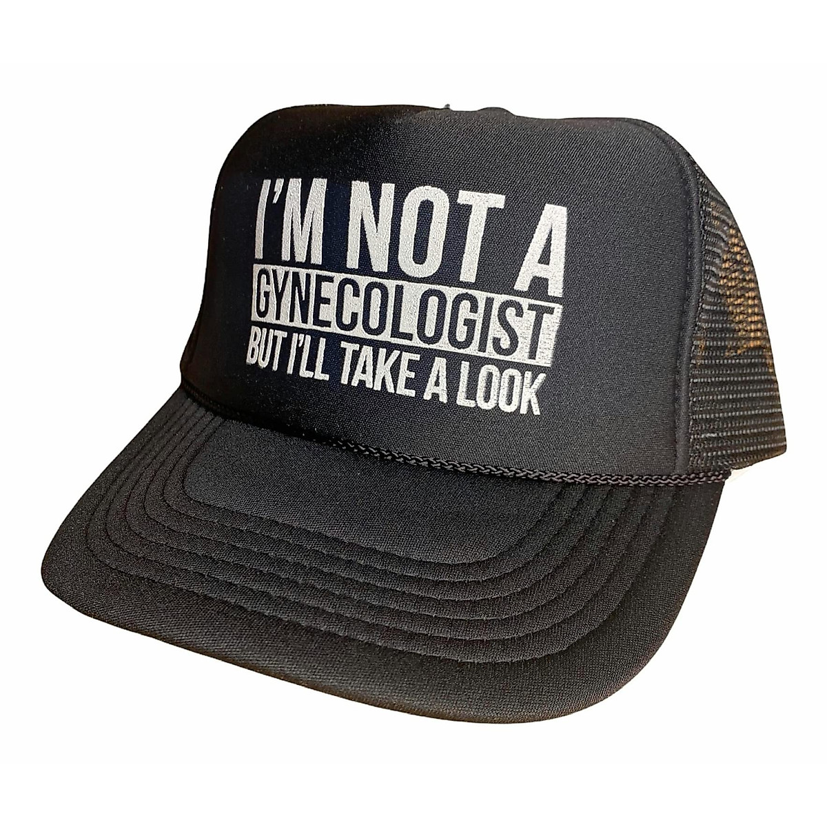I'm Not A Gynecologist But I'll Take A Look Snapback Trucker Hat for Men or Women, Vintage Fit with Funny Novelty Graphic, Custom Mesh Cap Black