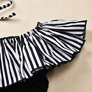Baby Girl Hawaiian Ruffles Bikini One-Piece Swimsuit Beach Bathing Suit Floral Swimwear+Headband 2 Pcs Set (Black Strips, 0-6 Months)