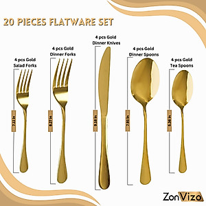 Zonvizo 20 Piece Gold Flatware Set, Spoons and Fork Set, Stainless Steel Tableware Service Cutlery Set, Mirror Finish with Timeless Elegance Dishwasher Safe (Gold)