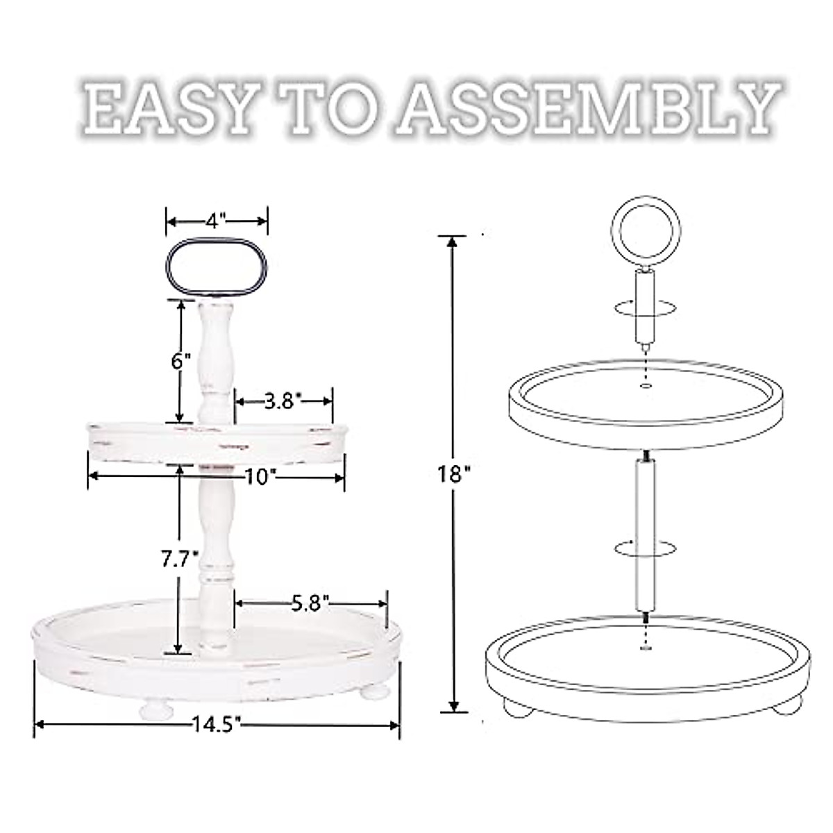 MAONAME Distressed White Tiered Tray, Wooden 2 Tier Tray with Metal Handle, 14.5" x 14.5" x 18", Farmhouse 2 Tier Tray Decor, Rustic Two Tiered Tray for Seasonal Decorations