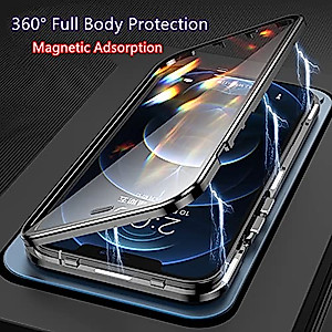 Jonwelsy Case for iPhone 13 Pro Max, 360 Degree Double-Sided Protection Compatible with Magsafe Magnetic Adsorption Metal Bumper Front Tempered Glass Back Frosted PC Cover for 13 Pro Max 6.7" (Blue)