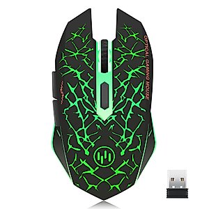 TENMOS K6 Wireless Gaming Mouse, Rechargeable Silent LED Optical Computer Mice with USB Receiver, 3 Adjustable DPI level and 6 Buttons, Auto Sleeping Compatible Laptop/PC/Notebook (green light)