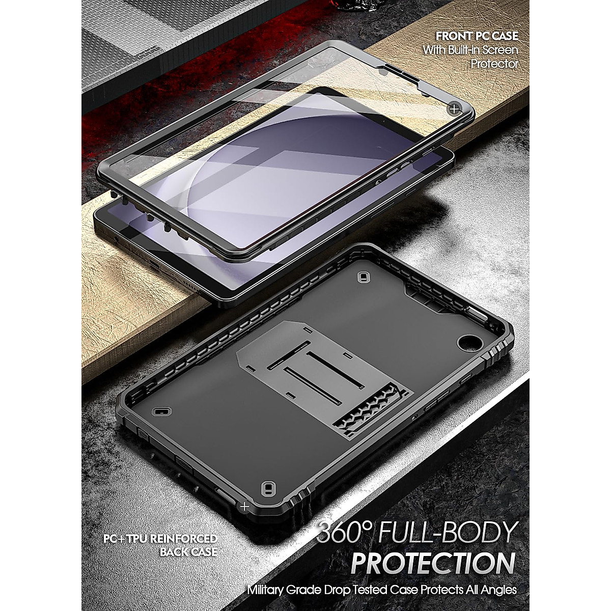 Poetic Revolution Case for Samsung Galaxy Tab A9 8.7 inch (2023), Built in-Screen Protector with Full-Body Kickstand Rugged Heavy Duty Case, Black