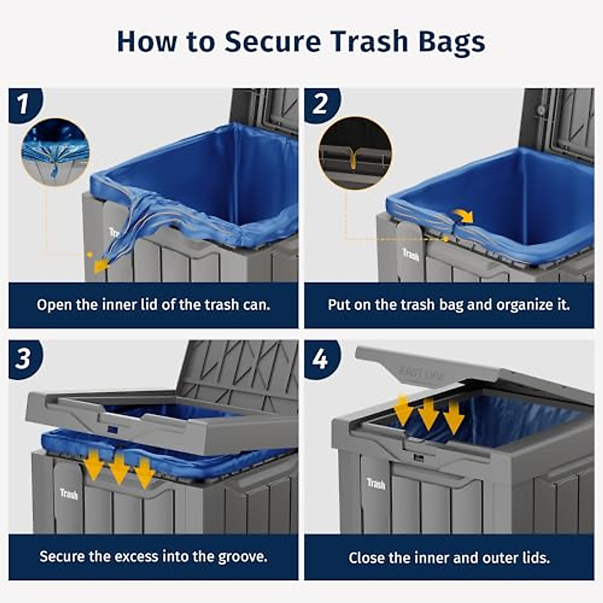 EAST OAK 31 Gallon Outdoor Trash Can | Waterproof Resin Garbage Can with Recycle and Garbage Labels | Secure Bag Lip Lock and Drip Tray | Outside Trash Bin for Patio | Kitchen, Backyard or Deck | Gray