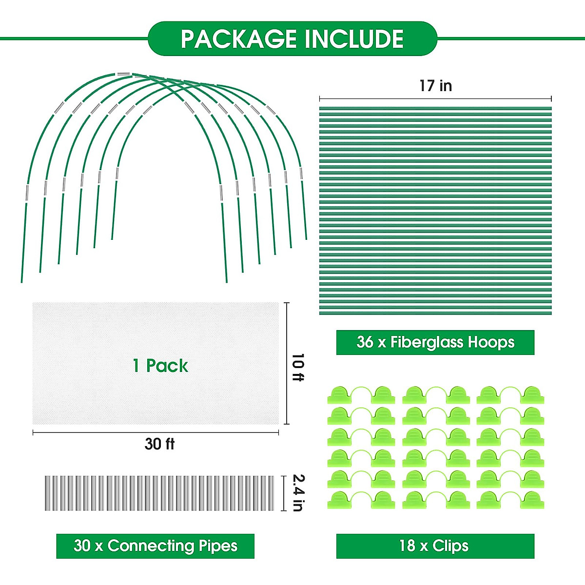 JCKHXG Garden Netting Kit, 10x30FT Ultra Fine Mesh Netting ＆6 Sets of 8FT Fiberglass Garden Hoops for Raised Beds, Vegetable Plants Fruits Flowers Birds Animals Barrier Protection Net