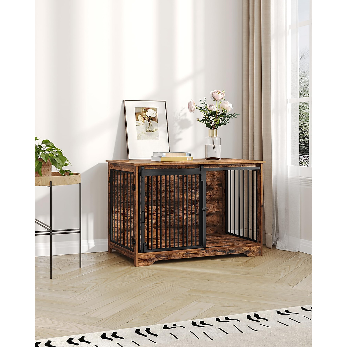 Hzuaneri Dog Crate Furniture, 39.4" Double Door Dog Crate with Barn Door, Dog Kennel Indoor, End Side Table Wooden Dog Crate for Small Medium Large Dog, Anti-Chew Anti-Escape, Rustic Brown DFC02301B