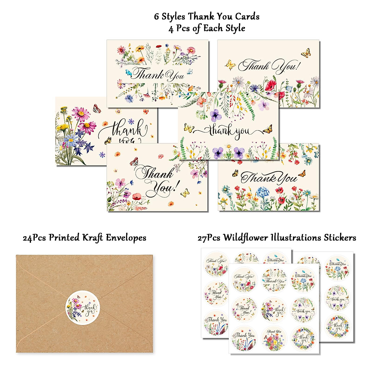 Savgkoyt 75 Pack Wildflower Thank You Cards with Envelopes and Stickers Thank You Notes with Envelopes Set Bulk Vintage Flower Greeting Cards with Kraft Envelope Sticker for Wedding Bridal Showers Baby Showers