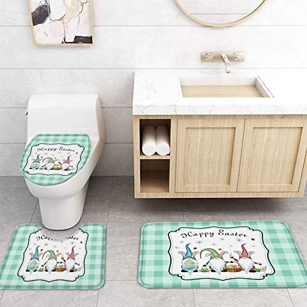OneHoney Shower Curtain Sets 4 Pieces with Non-Slip Rugs Easter Gnome with Spring Flowers and Eggs,Waterproof Bathroom Curtains, Teal Buffalo Plaid Decor Bath Mat, Toilet Lid Cover and Floor Door Mat
