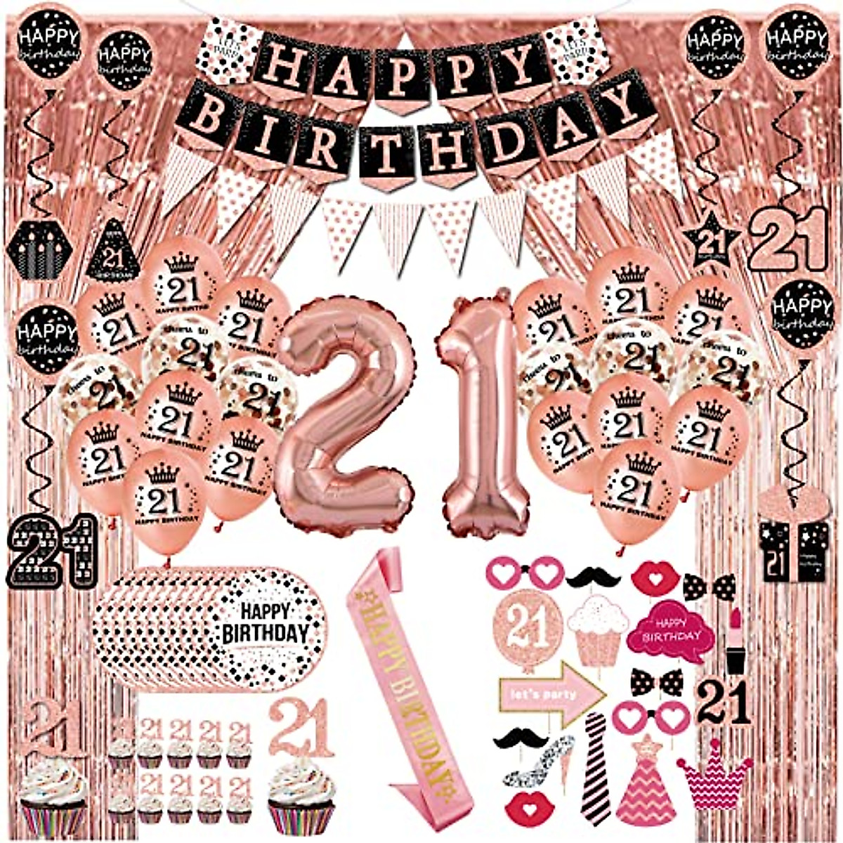 21st Birthday Decorations for her - (76pack) Rose Gold Party Banner, Pennant, Hanging Swirl, Birthday Balloons, Foil Backdrops, Cupcake Topper, Plates, Photo Props, Birthday Sash for Women Gift