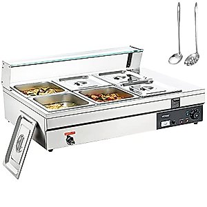 VEVOR 6-Pan Commercial Food Warmer, 6 x 12QT Electric Steam Table with Tempered Glass Cover, 1500W Countertop Stainless Steel Buffet Bain Marie 86-185°F Temp Control for Catering, Restaurants, Silver