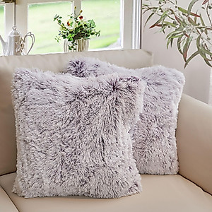 Cheer Collection Throw Pillows for Couch with Inserts Included - Soft Shaggy Long Hair Faux Fur Pillows - Set of 2-18" x 18" - Purple