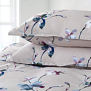 Eikei Modern Watercolor Flowers Print Duvet Quilt Cover 3pc Set Lilac Orchid Magnolia Blossom Leaf Branches Cotton Sateen 300tc Luxury Floral Bedding (Queen, Beige)