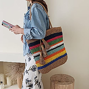 Shopping Female Large Capacity Tassel Tote Bag Shoulder Crossbody Ins Woven Handbag Multicolor