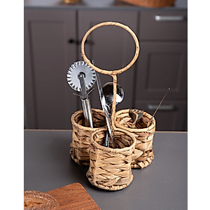 JoJo Fletcher Utensil Caddy Silverware Holder - 3 Section Woven Silverware Caddy Utensil Organizer for Countertop - Farmhouse Cutlery & Flatware Caddy for Kitchen, Party, BBQ, Buffet, Picnic, Camping