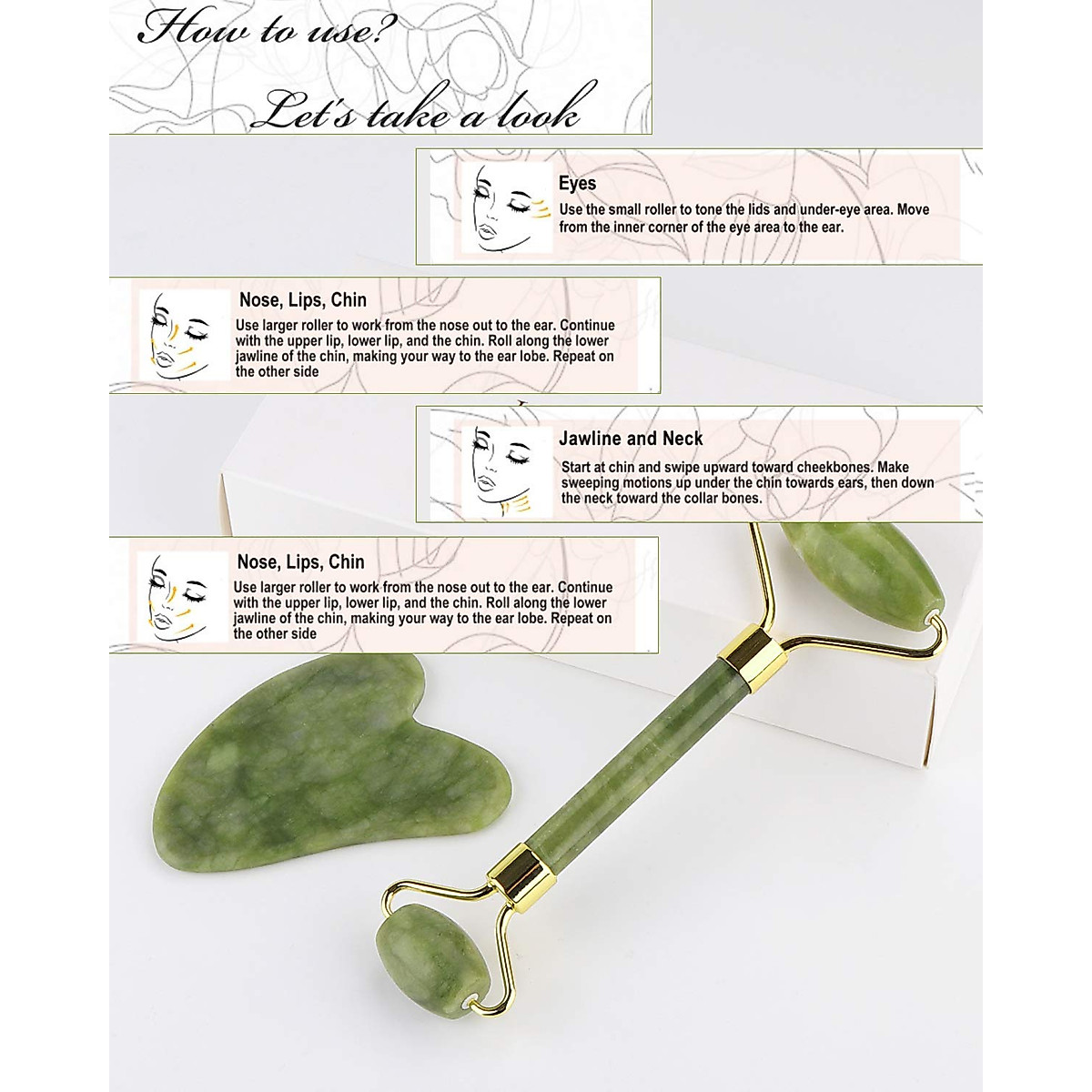 Jade Roller for Face, Jade Roller and Gua Sha Set, EUASOO 100% Real Natural Beauty Jade Facial Roller Massage Tool for Face Eyes Neck Body – Anti Aging Beauty Treatment