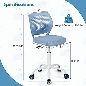 POWERSTONE Small Desk Chair Home Office Computer Chair Armless Task Chair Adjustable Swivel Rolling Chair with Low Back for Small Space Blue